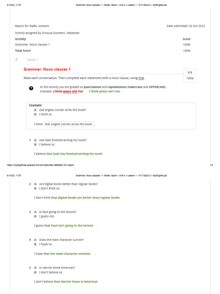 Grammar - Noun Clauses 1 - Mode - Report - Unit 4 - Lesson 1 - 517-2023-2 - MyEnglishLab ...