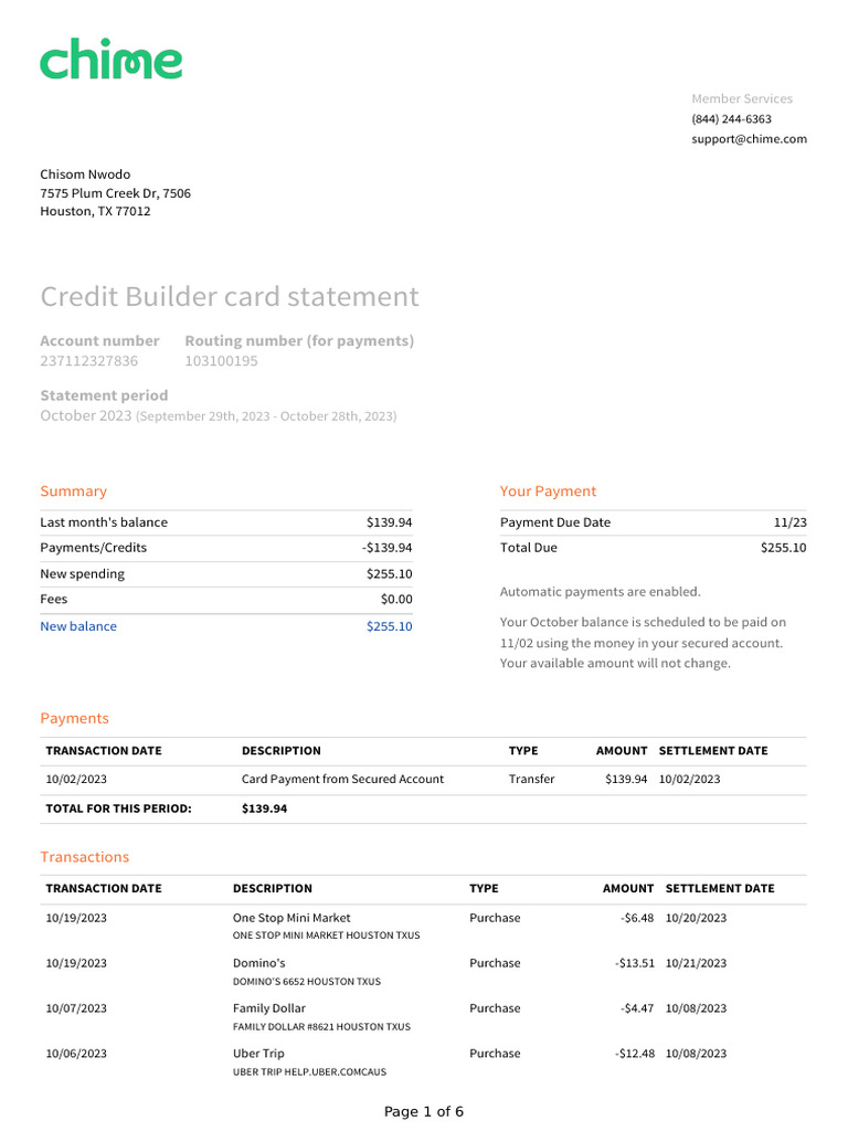 Chime Credit Statement October 2023 | PDF | Credit Card | Payments