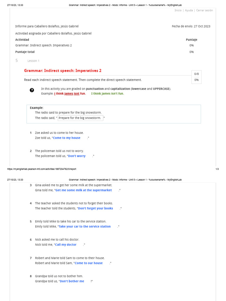 Grammar - Indirect Speech - Imperatives 2 - Modo - Informe - Unit 5 - Lesson 1 - MyEnglishLab ...