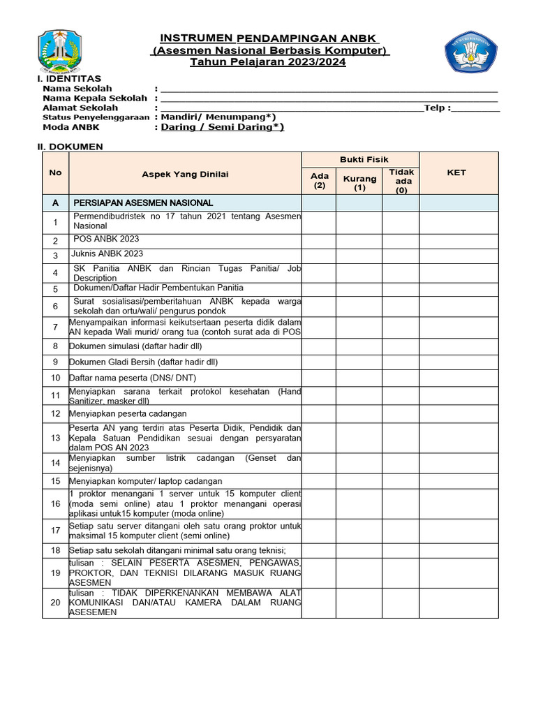 Instrumen Pendampingan ANBK 2023/2024 | PDF