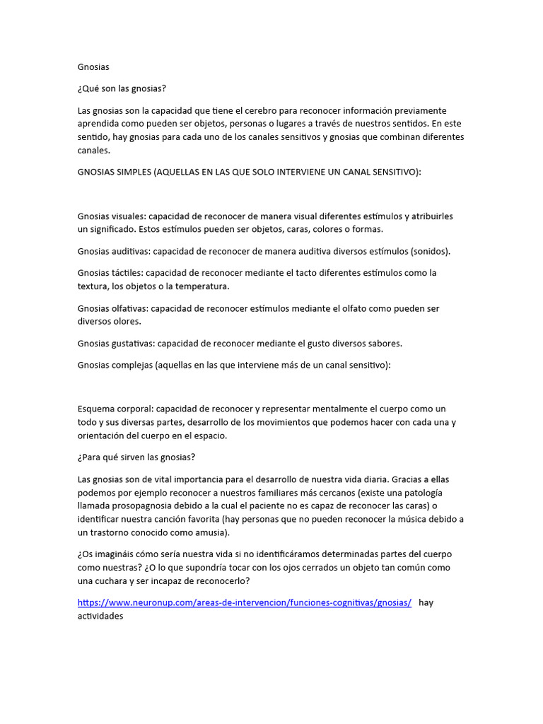 Gnosias | PDF | Sentidos | Procesos mentales