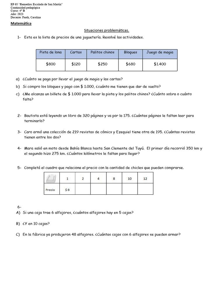 Actividades de Matemática y Lectura 4° B | PDF | Hogar, jardinería y ...