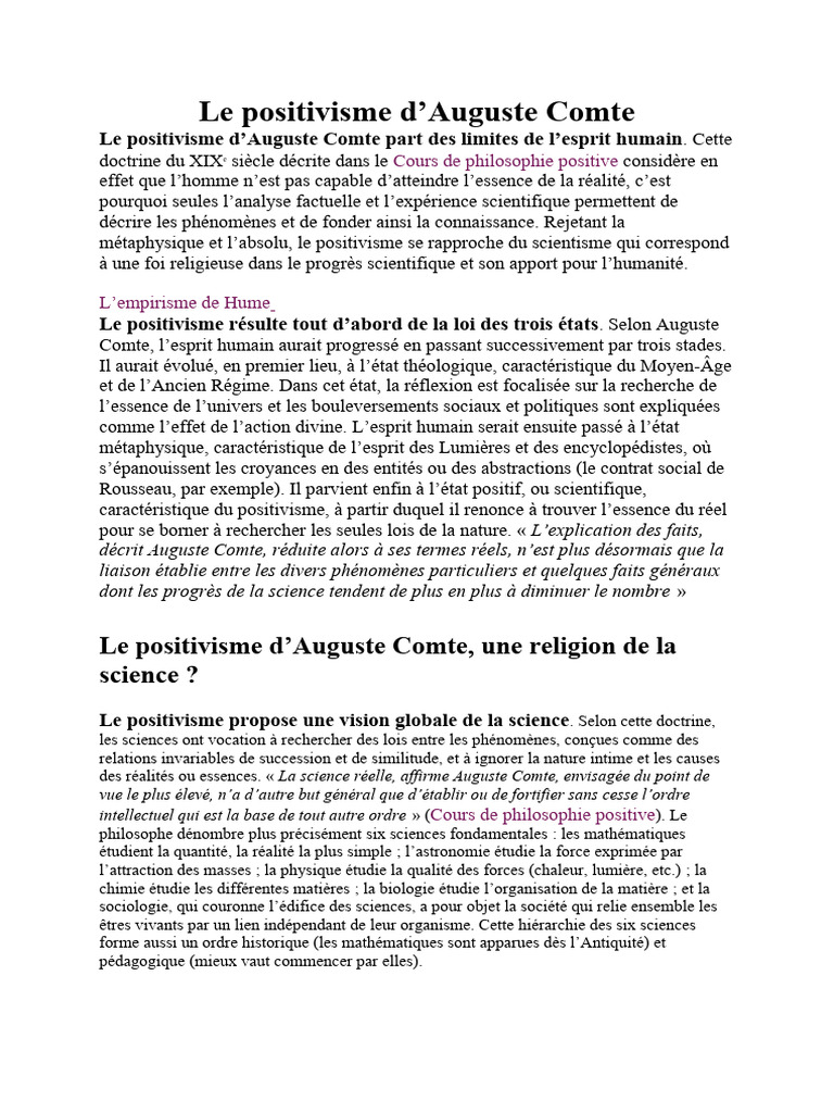 Le Positivisme selon Auguste Comte | PDF | Positivisme | Science