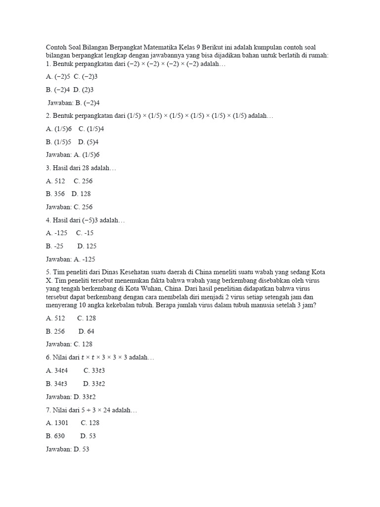 Contoh Soal Bilangan Berpangkat Matematika Kelas 9 Berikut Ini Adalah Kumpulan Contoh Soal ...