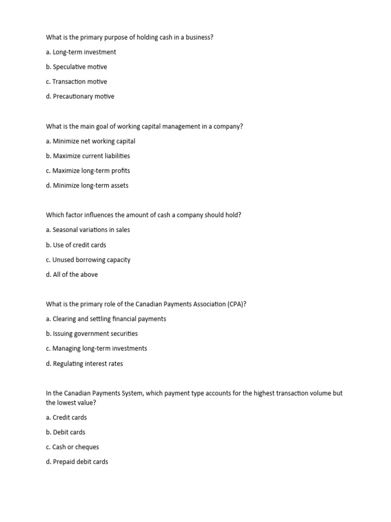 What Is The Primary Purpose of Holding Cash in A Business | PDF ...