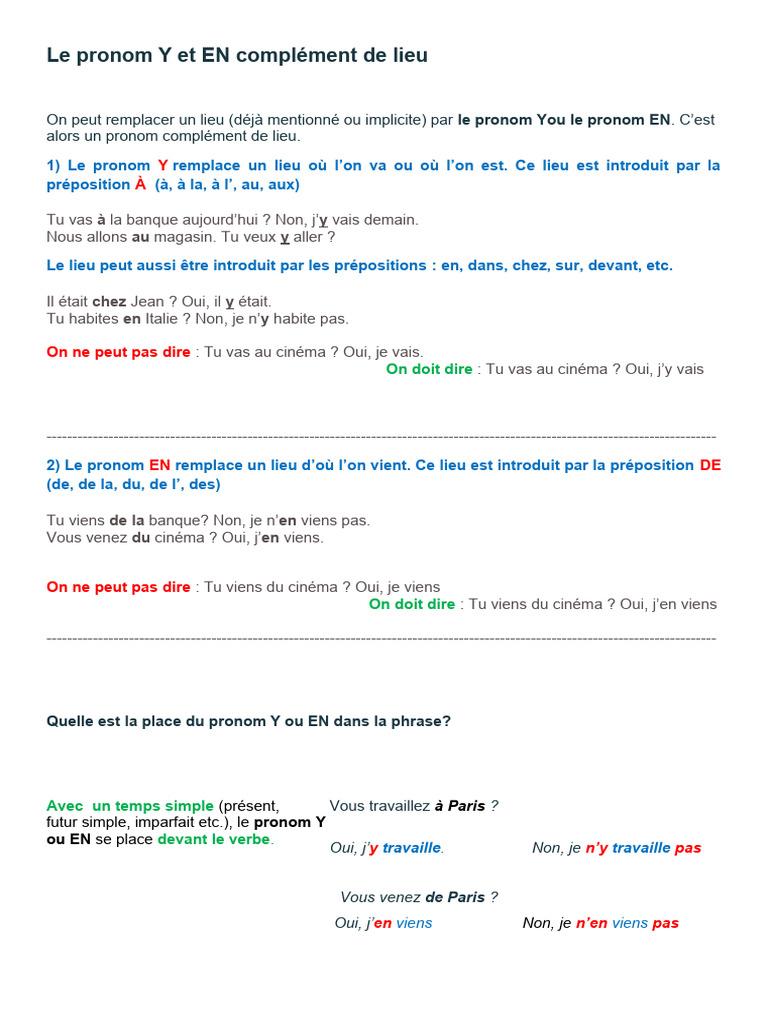 INT Le Pronom Y Et EN Complément de Lieu | PDF | Pronom | Verbe
