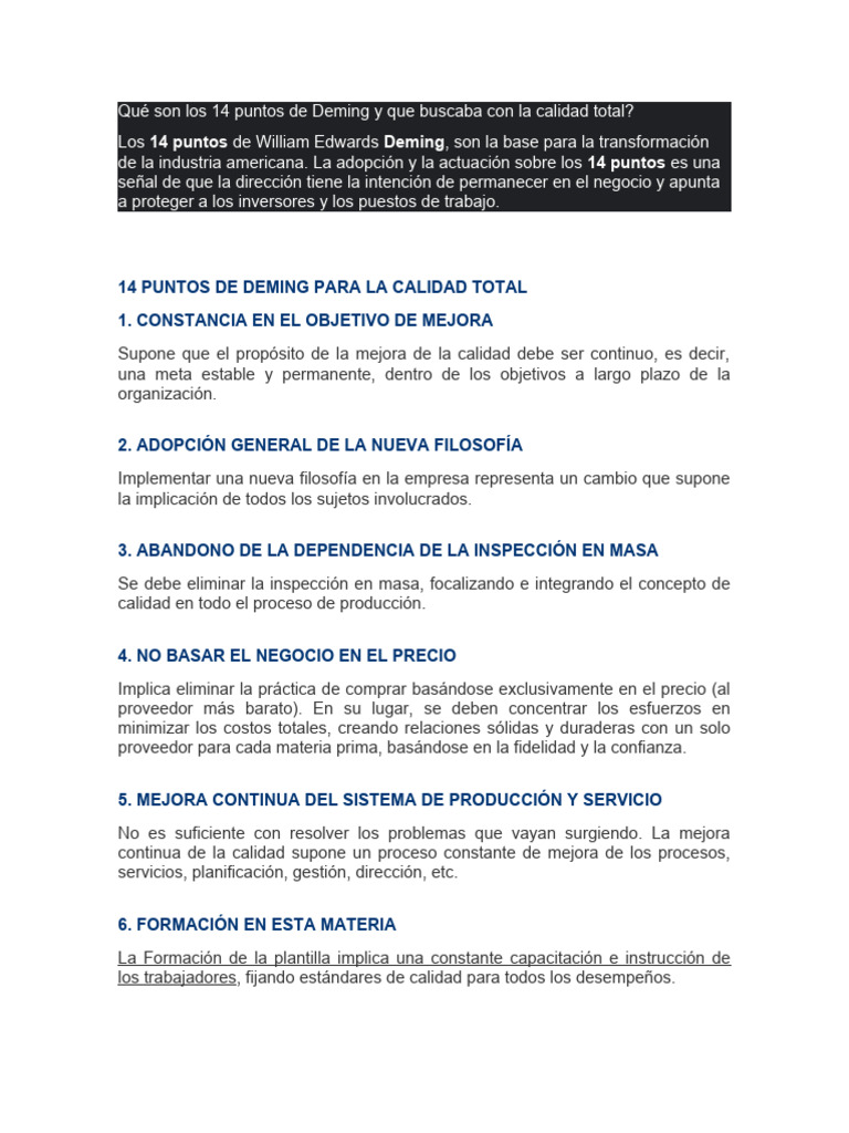 Qué Son Los 14 Puntos de Deming y Que Buscaba Con La Calidad Total ... Qué Son Los 14 Puntos de Deming y Que Buscaba Con La Calidad Total ...