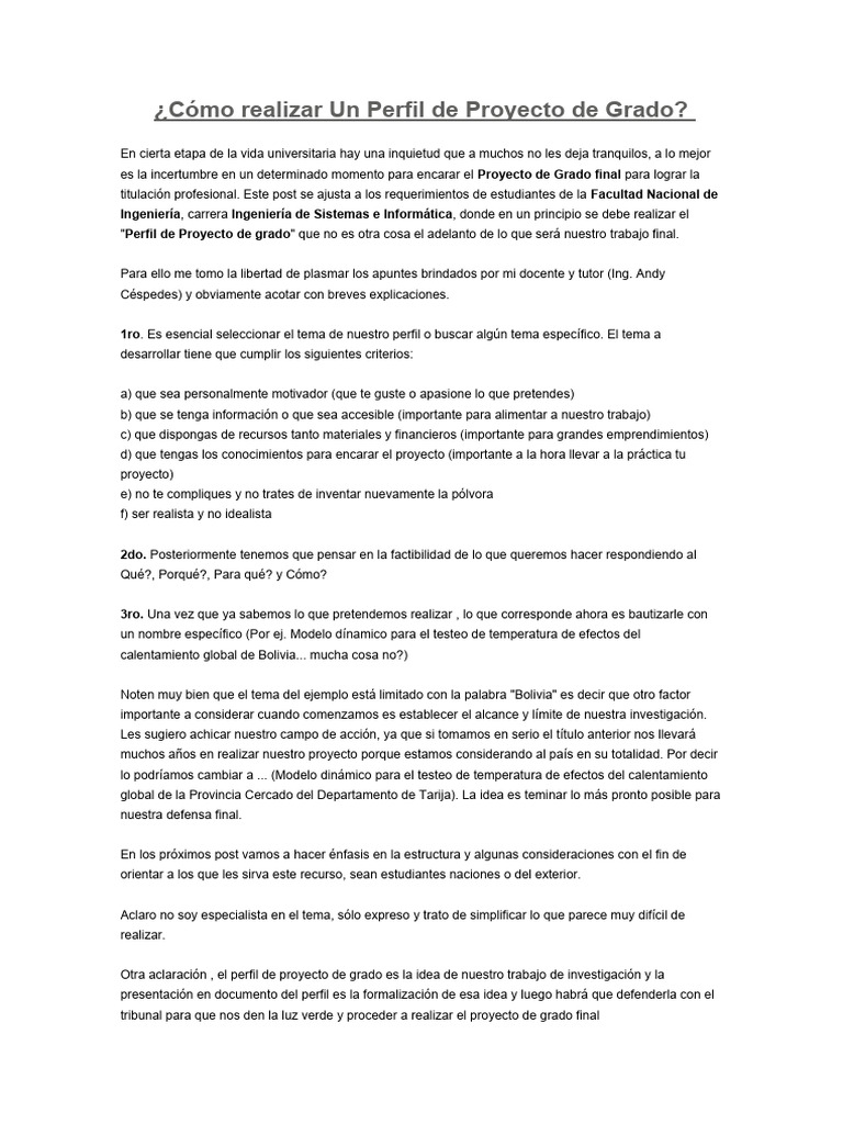 Cómo Realizar Un Perfil de Proyecto de Grado | PDF