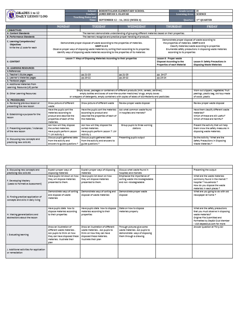 DLL - Science 4 - Q1 - W4 | PDF | Waste | Learning