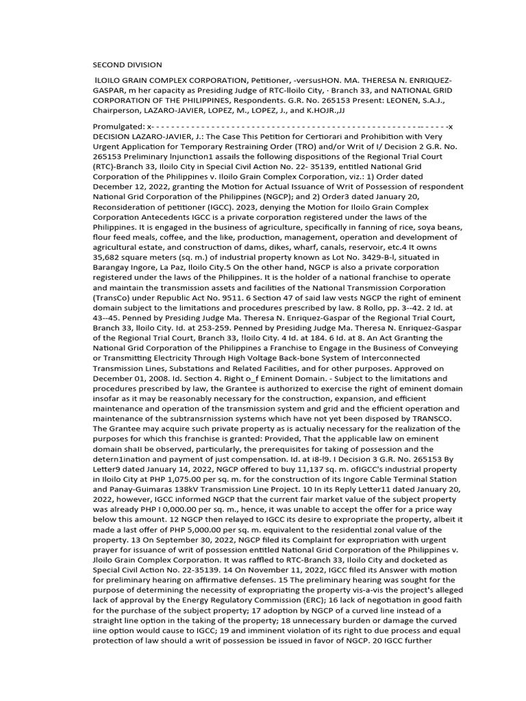 Iloilo Grain Complex Corporation | PDF | Eminent Domain | Injunction