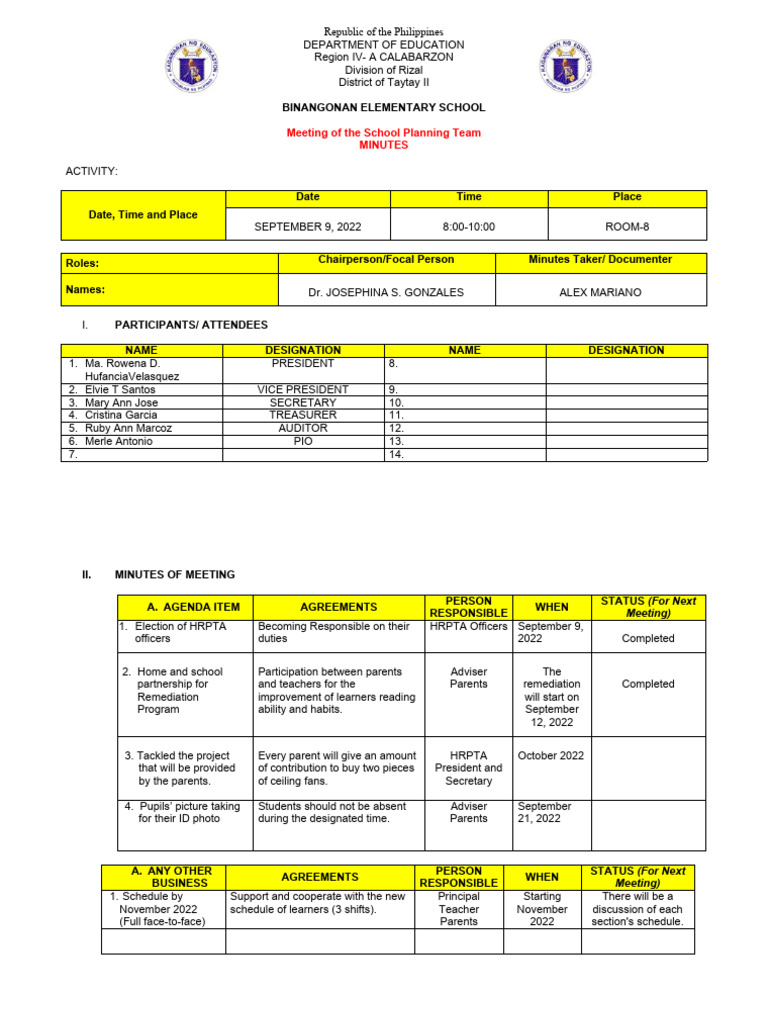Sample Minutes of Meeting Format | PDF