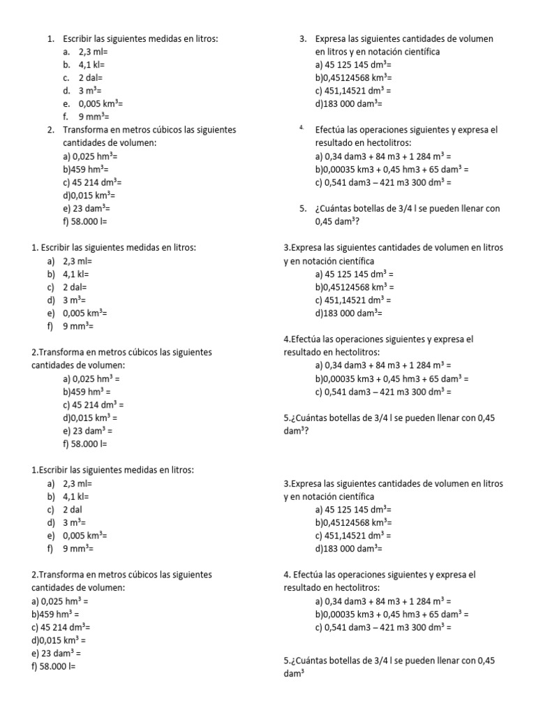 Ejercicios de Volumen y Conversión | PDF | Unidades de medida ...