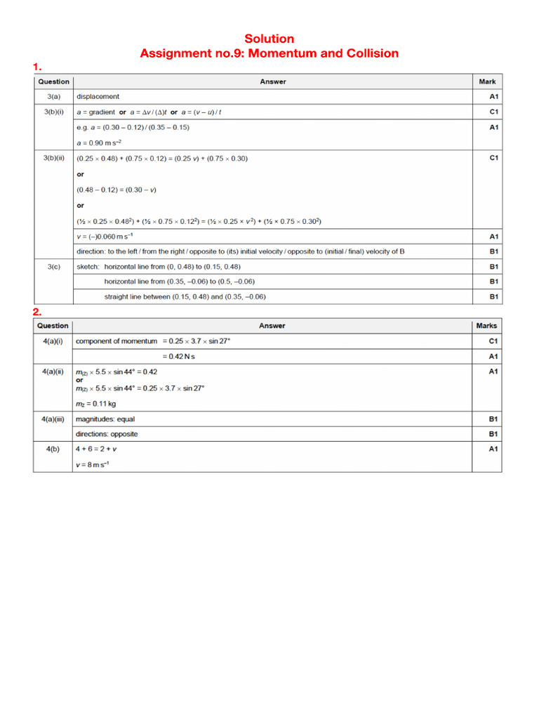 Solution Assignment No.9 - Momentum and Collision | PDF