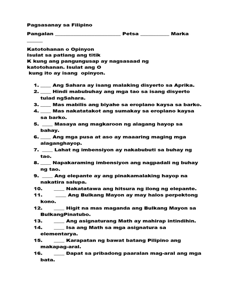 Pagsasanay Sa Filipino | PDF