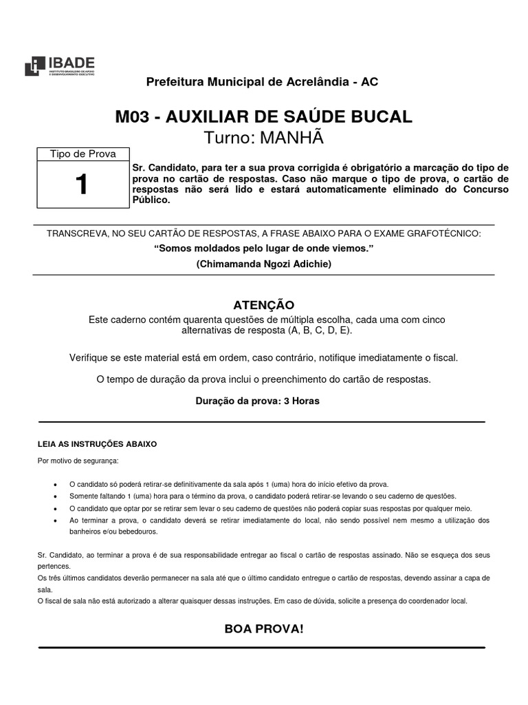 AUXILIAR DE SAÚDE BUCAL(M03) Tipo 1 | PDF