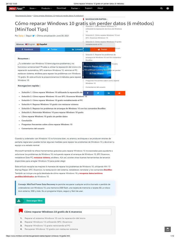 Cómo reparar Windows 10 gratis sin perder datos (6 métodos) | PDF