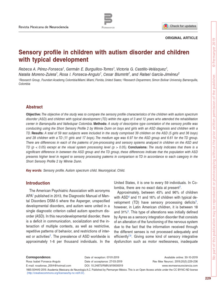 Sensory Profile in Children With Autism Disorder and Children | PDF ...