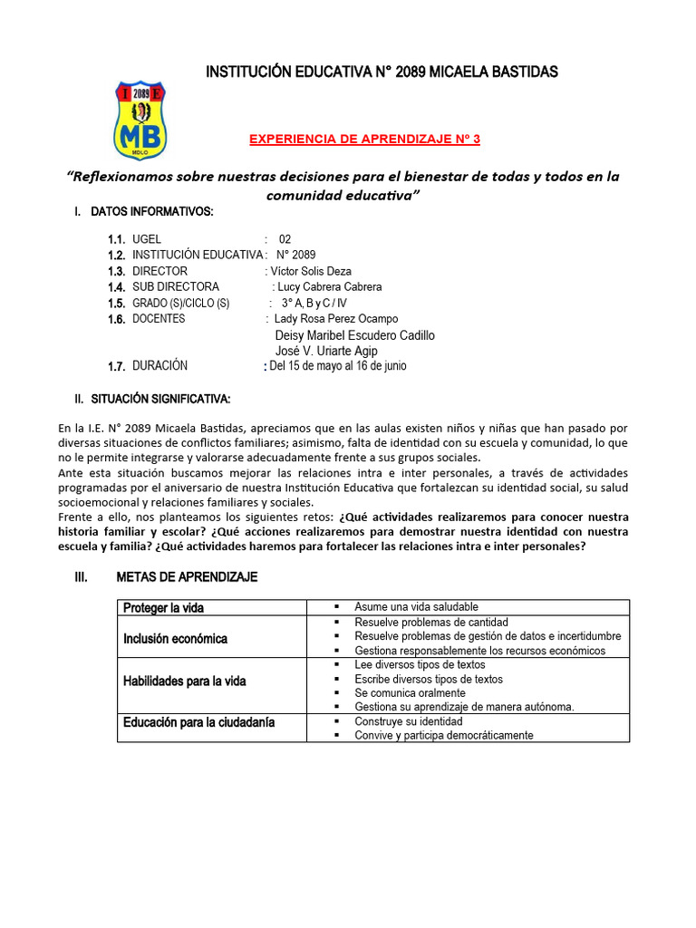 Experiencia De Aprendizaje 3 3 Er Grado Pdf Evaluación Sustracción