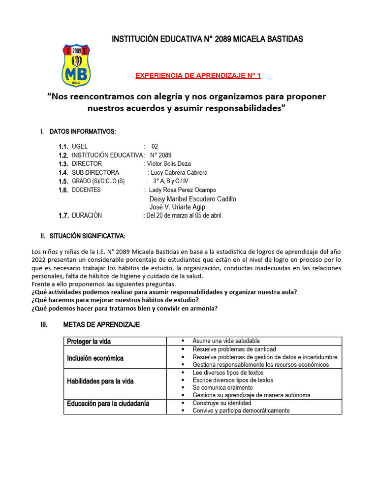 EXPERIENCIA DE APRENDIZAJE N°1 - 3 Er GRADO | PDF | Evaluación | Aprendizaje