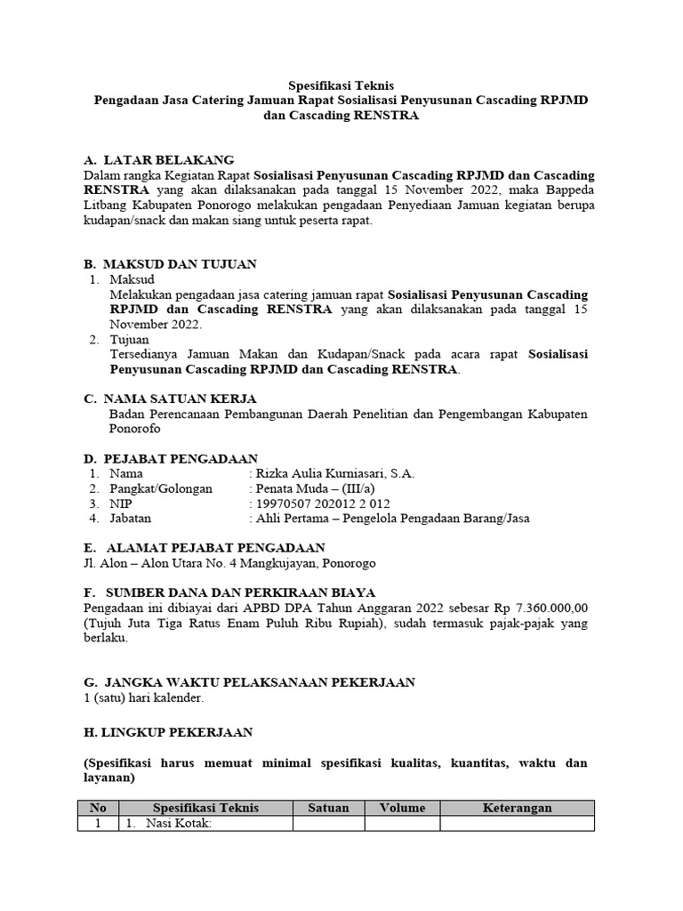 Menyusun Spesifikasi Teknis Dan Kerangka Acuan Kerja (KAK) Pada Pekerjaan Dengan Output Barang ...
