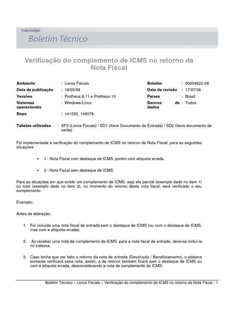 FIS - Verificacao Do Complemento de ICMS No Retorno Da Nota Fiscal | PDF | Recibo | Parâmetro ...