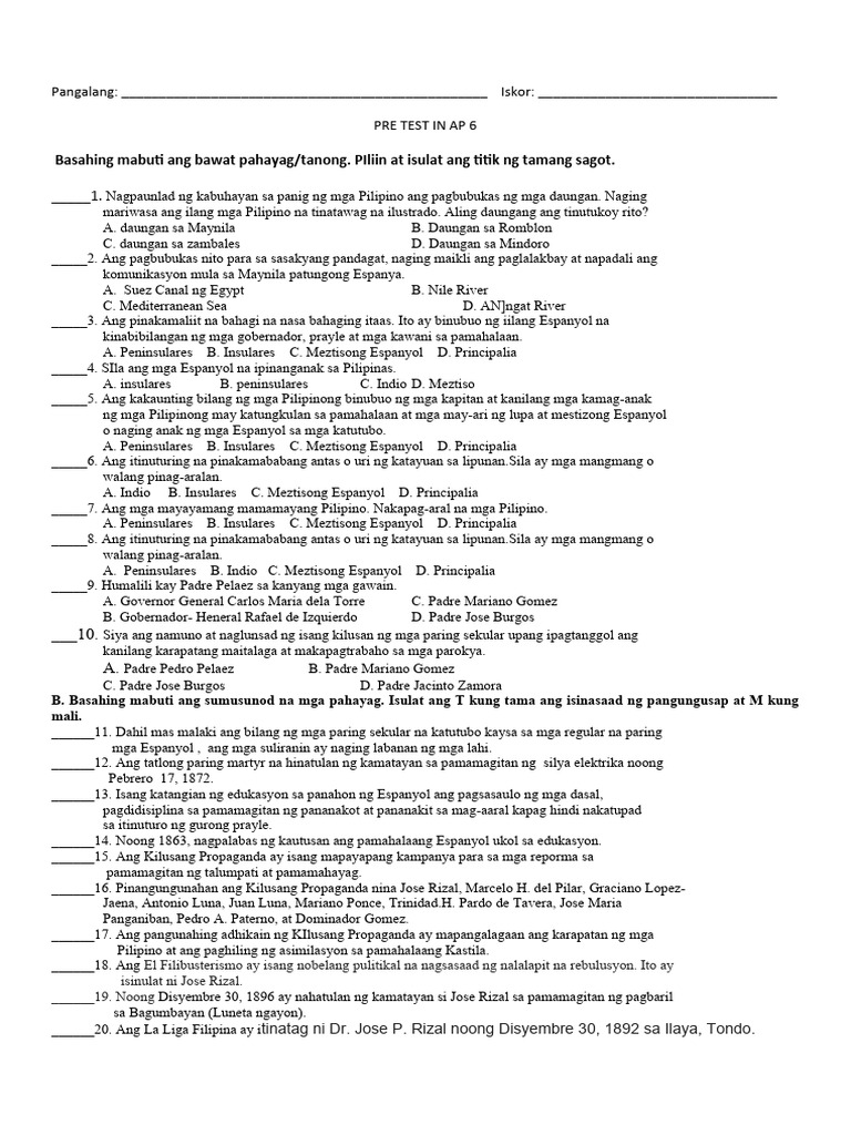 Pre Test in Ap6 | PDF