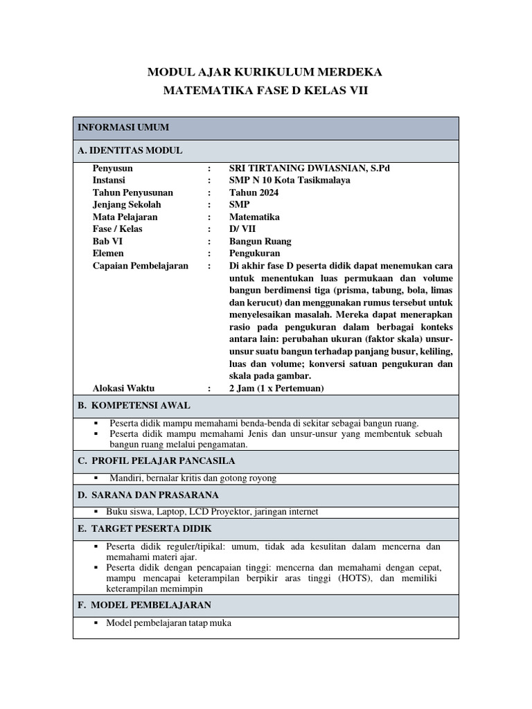 Modul Ajar Bangun Ruang Pert.1 | PDF
