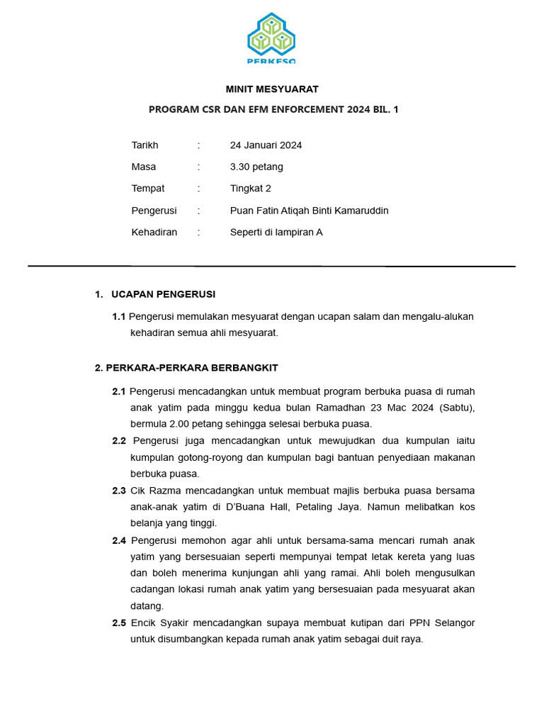 MINIT MESYUARAT PROGRAM CSR BIL 1 | PDF