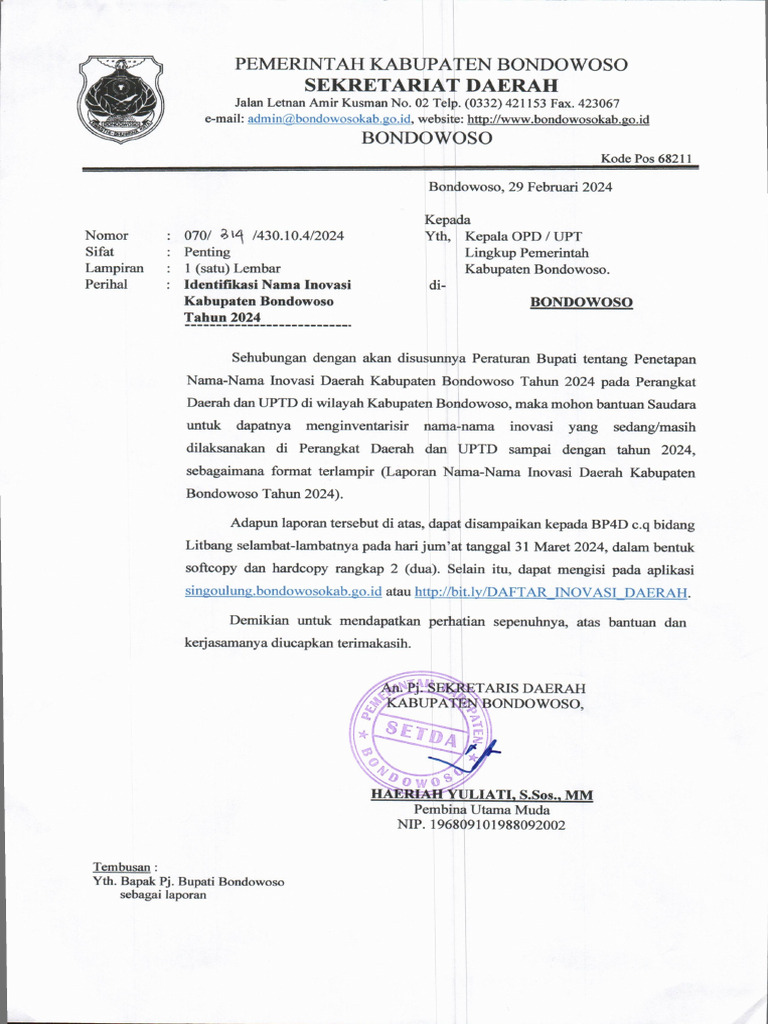 Surat Permintaan Nama - Nama Inovasi Di OPD Atau UPTD | PDF