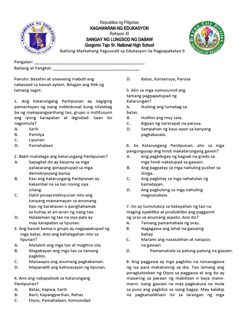 Quarterly Test - Q3 EsP 9 | PDF