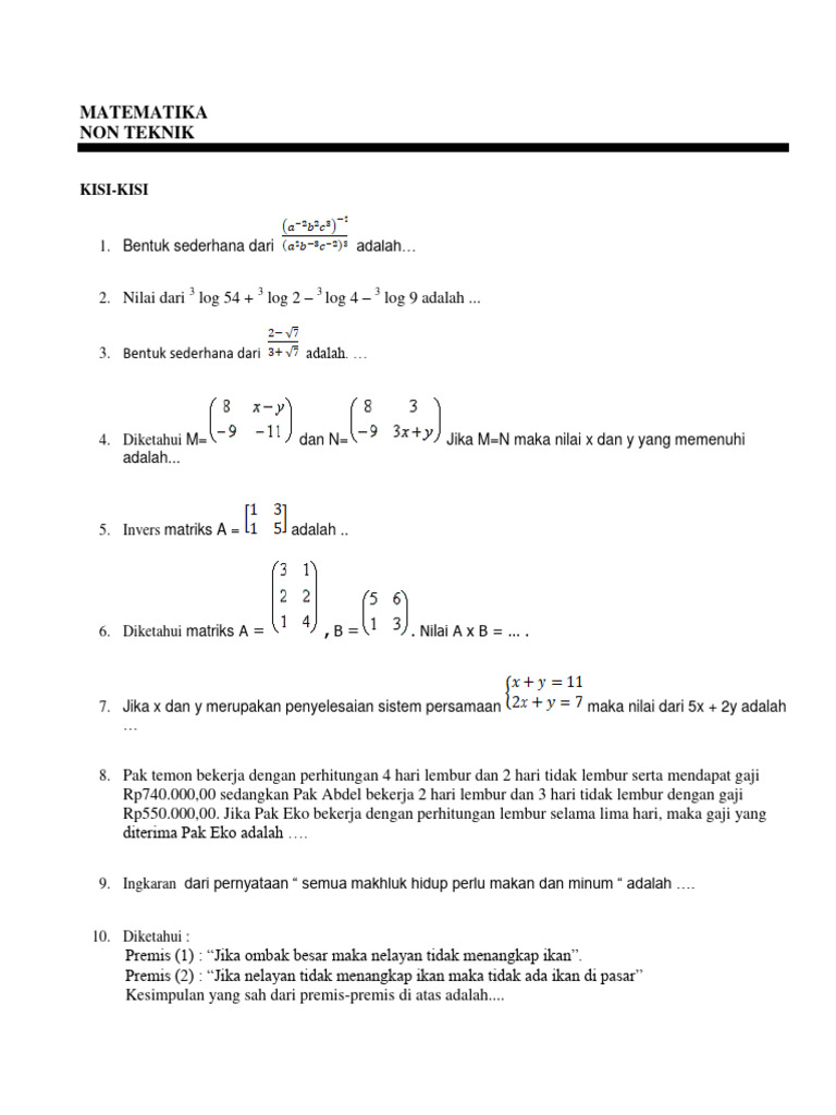 Kisi-Kisi Matematika Uspbk 2022 Non Teknik | PDF