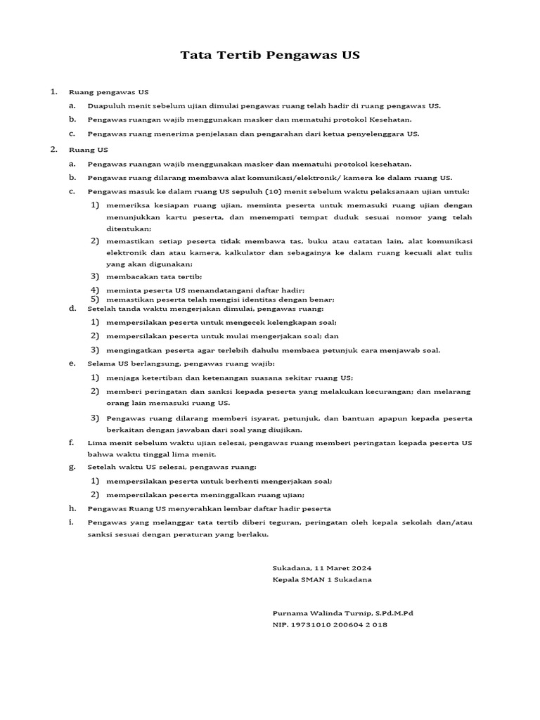 Tata Tertib Pengawas Dan Peserta Us 2023 | PDF
