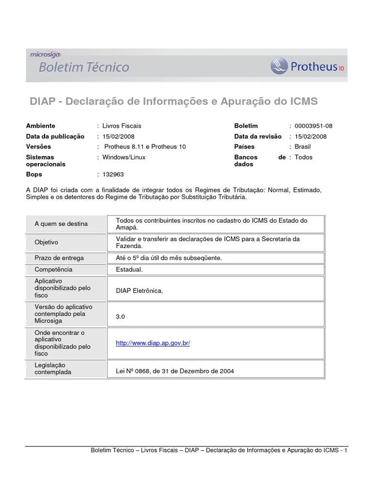 FIS - DIAP-Declaracao de Informacoes e Apuracao Do ICMS - AP | PDF