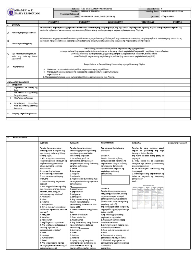 DLL - Araling Panlipunan 5 - Q1 - W6 | PDF