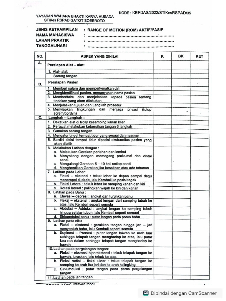 SOP Pemeriksaan Fisik ROM Aktif Atau Pasif | PDF