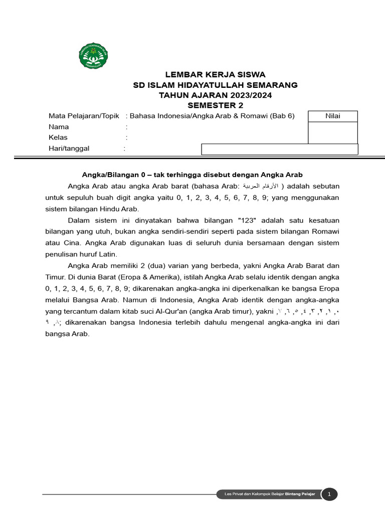 Lembar Kerja Angka Arab dan Romawi | PDF