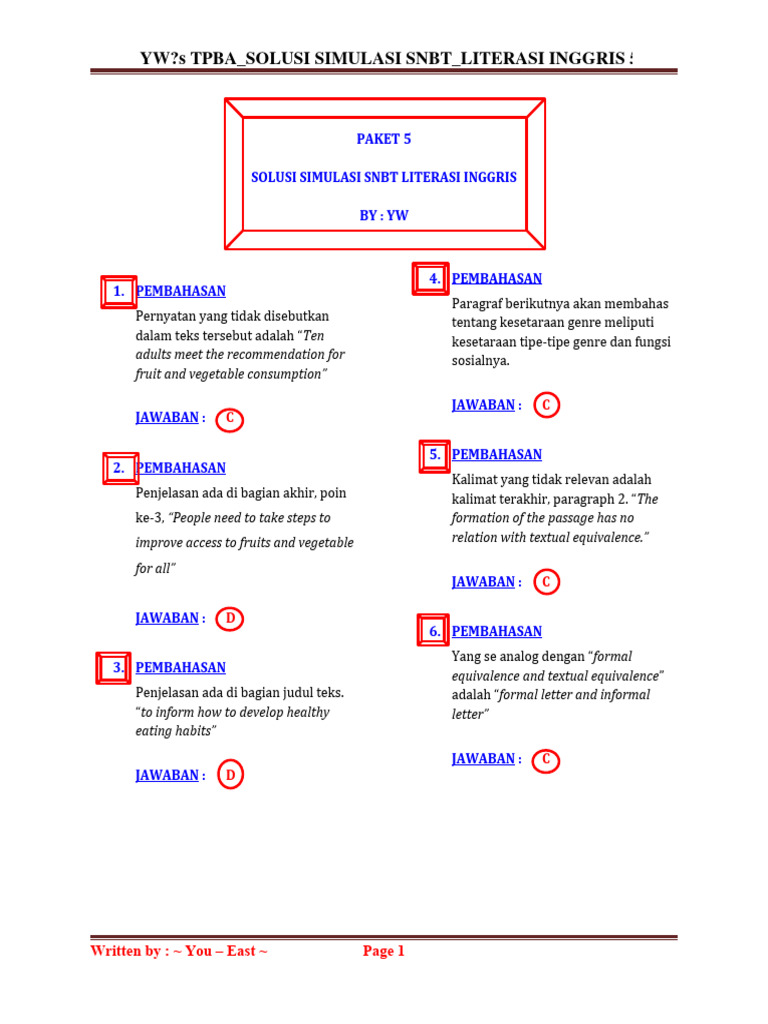 Yw's Solusi Paket 5 - Simulasi SNBT - Literasi Inggris 2 | PDF
