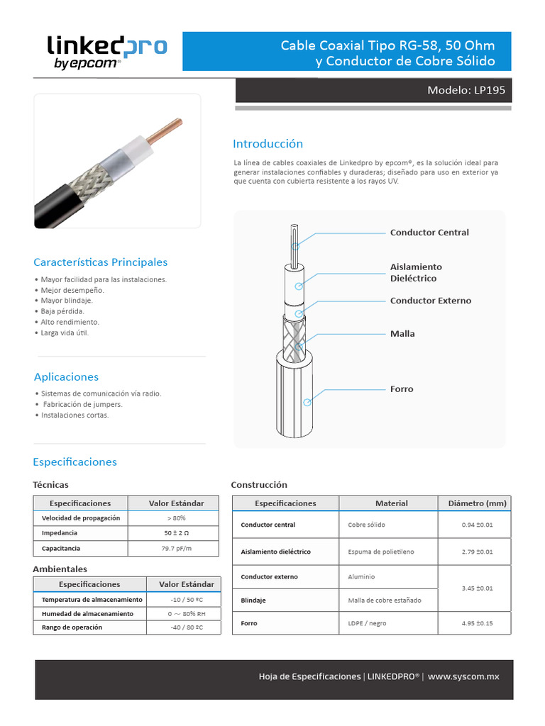 Spec Cable Coaxial LP195 | PDF | Cable coaxial | Electromagnetismo