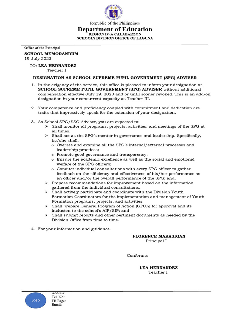 Designation Order As School SPG Adviser | PDF | Career & Growth