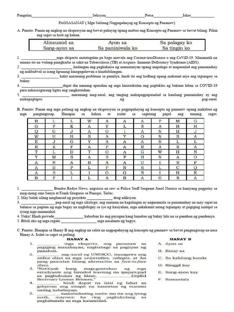 Pagsasanay Konsepto NG Pananaw at PT g8 3rd Quarter | PDF