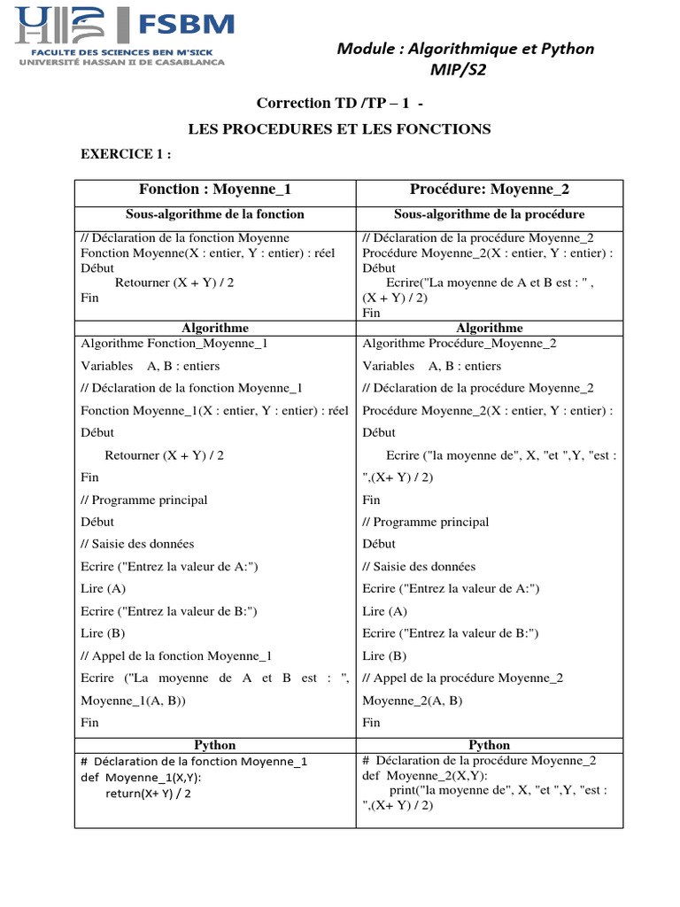 FSBM Mip Informatique 2 TD 1 Corrige | PDF | Programmation informatique | Informatique
