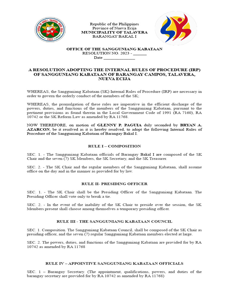 SK Resolution No. 001-IRP | PDF | Quorum | Committee