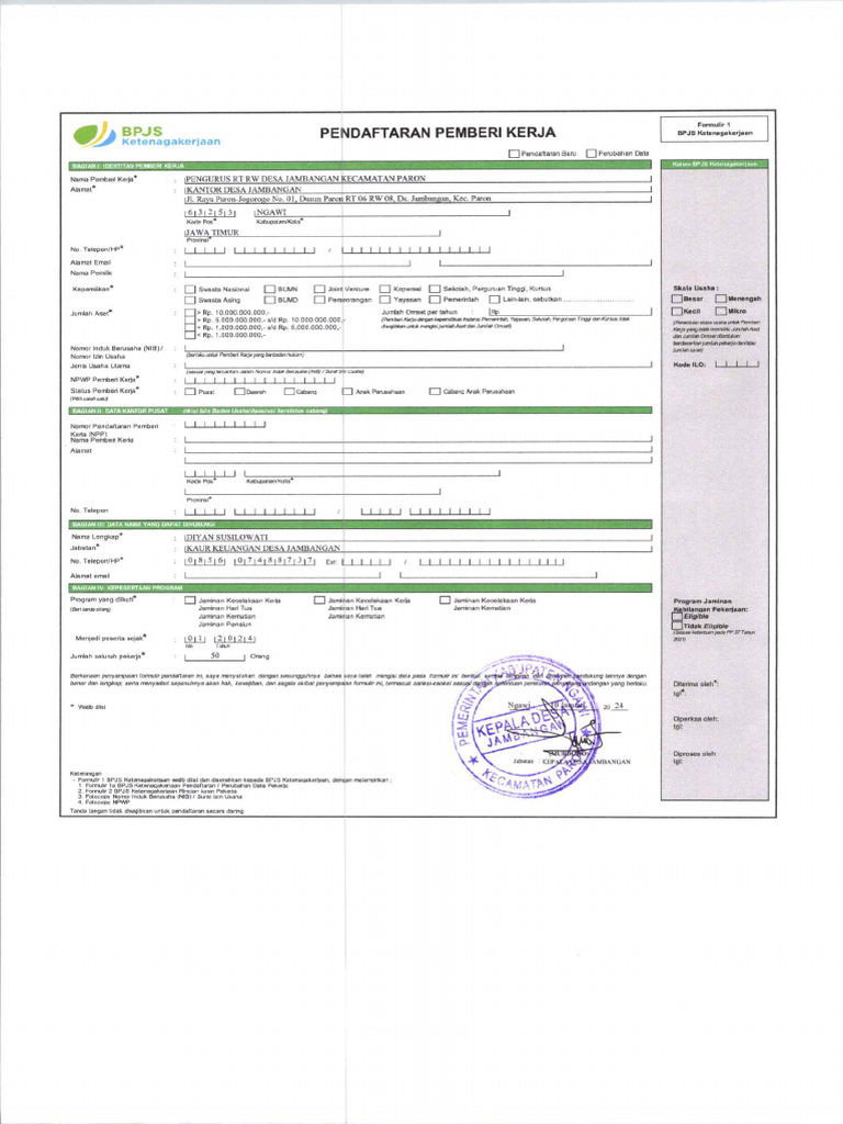 Formulir BPJS Naker RTRW | PDF