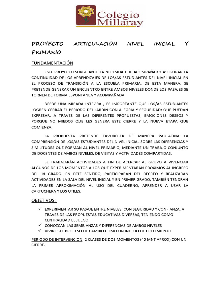 Articulacion Nivel Inicial y Primario 1º A | PDF | Educación primaria ...