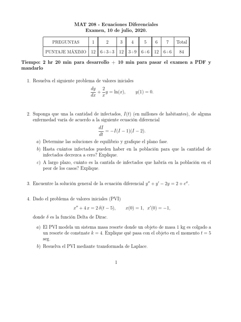 Examen EDO 2020 1 | PDF | Ecuaciones | Análisis matemático