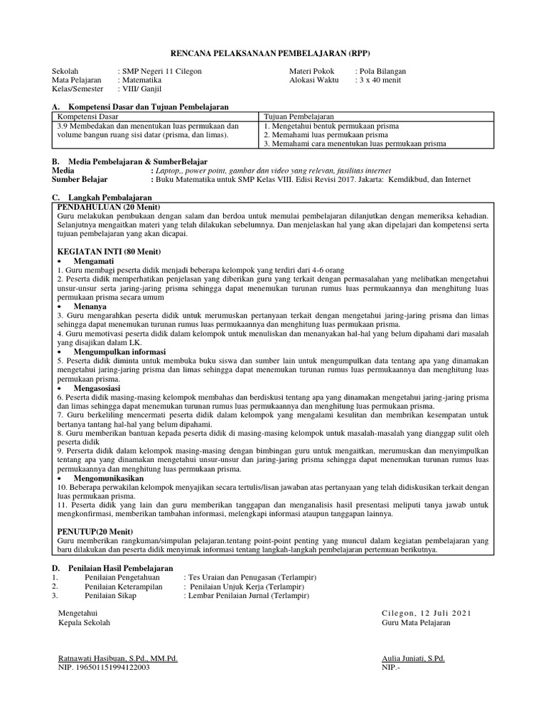 (1LEMBAR) RPP Prisma Dan Limas (1 Pertemuan) | PDF