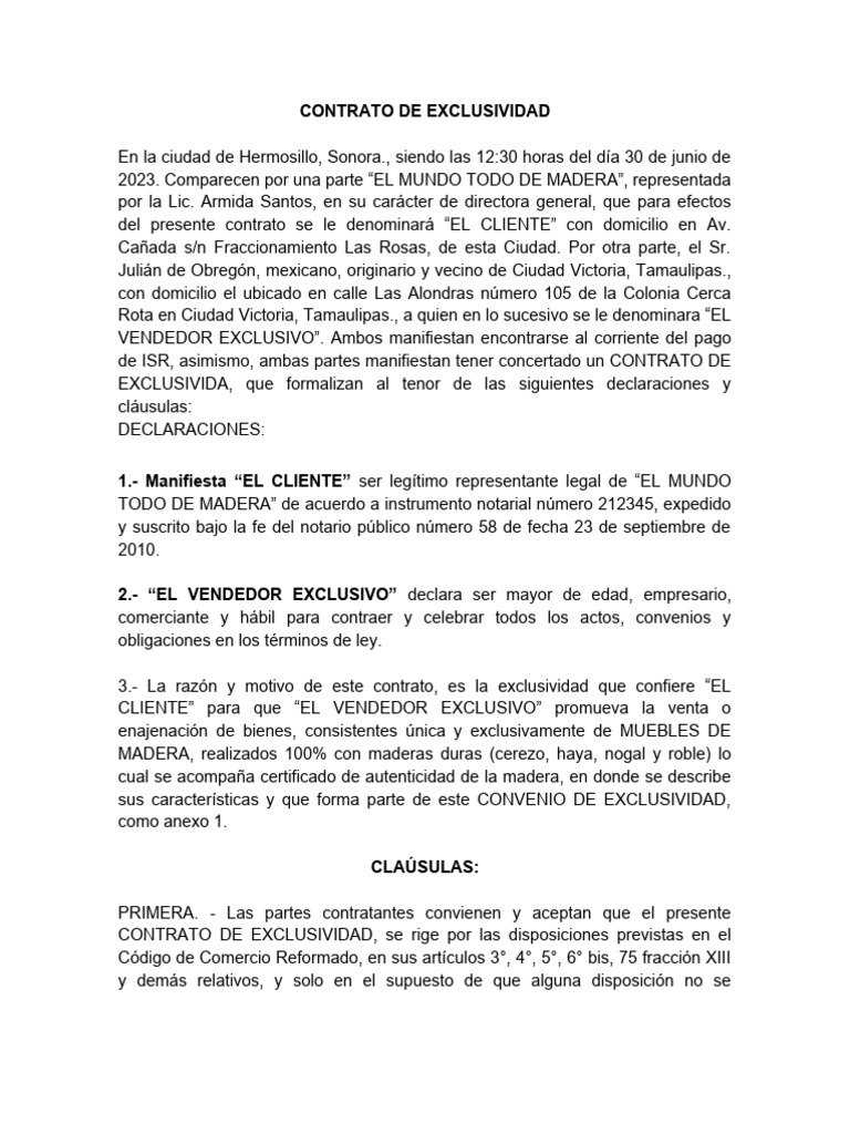 Ejemplo de Contrato de Exclusividad | PDF | Tratado | Justicia
