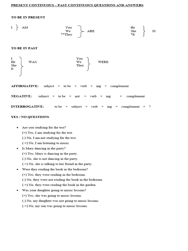Present and Past Continuous Q&A Guide | PDF | Question | Linguistics