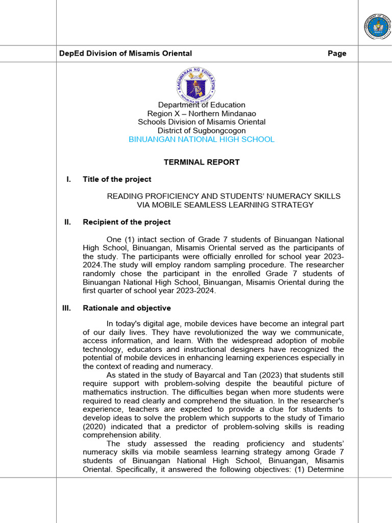 Terminal Report (Reading Proficiency and Students' Numeracy Skills Via ...