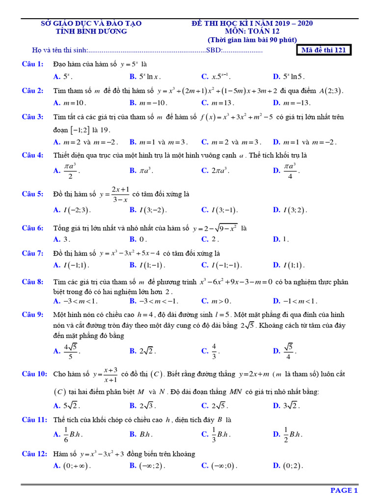 MÃ ĐỀ 121 TOÁN 12 HK1 2019 2020 | PDF